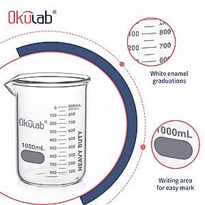 Okulab Heavy Duty Glass Beaker Set, Thick-Walled 3.3 Borosilicate Glass Beakers, with Double Scale Printed Graduation, Vol.1000ml, HBKG1000A1