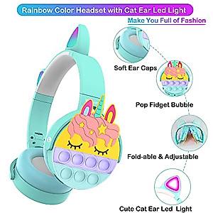 Kids Headphones, Unicorn Pop Headphones It for Girls Kids, Headphones Wireless Bluetooth with Led Light Cat Ears, Gaming Headset, Foldable Adjustable Build-in Mic for Tablet/School/iPad/Travel (Green)