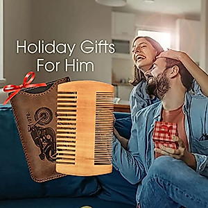 Beard Power Wooden Beard Comb & Durable Case for Men with Sexy Beard, Fine & Coarse Teeth, Pocket Comb for Beards & Mustaches (motorcycle brown)