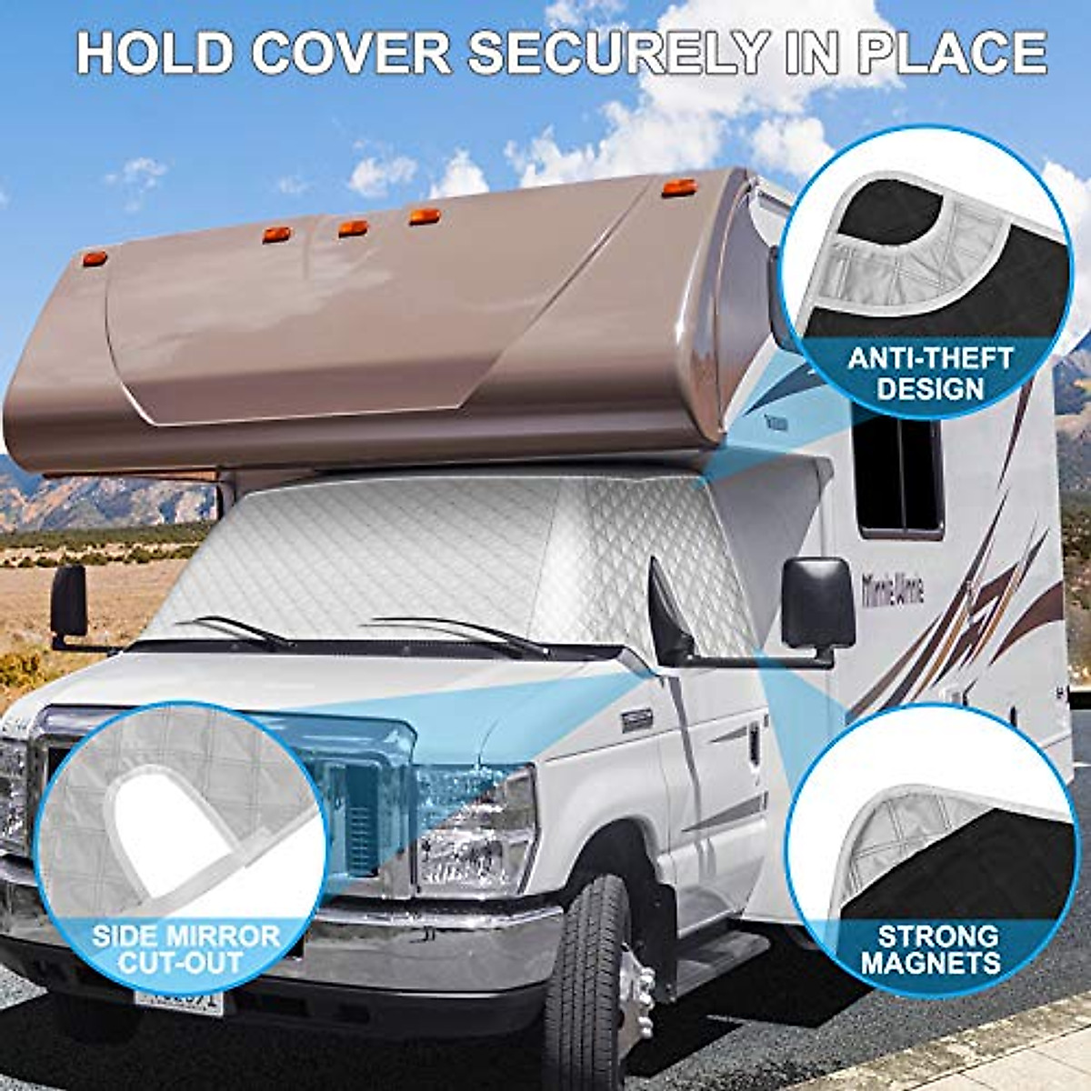 RV Windshield Cover Compatible with Ford Class C 1997-2023 RV Front Window Cover RV Motorhome Windshield Cover RV Window Shade Sunshade Cover Snow Cover with Mirror Cutouts