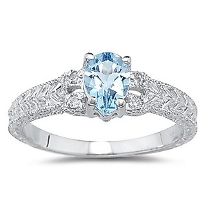 Studs Galore 0.04 Ct Diamond & 0.56 Ct Aquamarine Filigree Ring in 14 K White Gold-6.5
