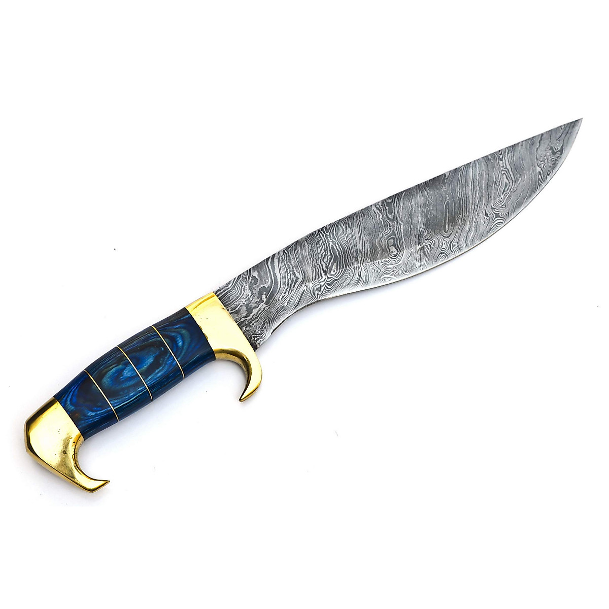 Skokie Knives Custom Hand Made Damascus Steel Hunting Knife Handle Blue Pakka Wood Brass Spacer