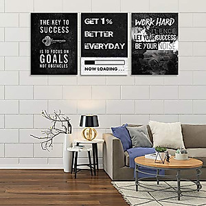 Inspirational Wall Art Canvas Hustle Poster Success Goal Artwork Entrepreneur Quote Painting Motivational Office Wall Decor Art for Bedroom Living Room Home Decoration Framed 12inch x16inch x3pieces