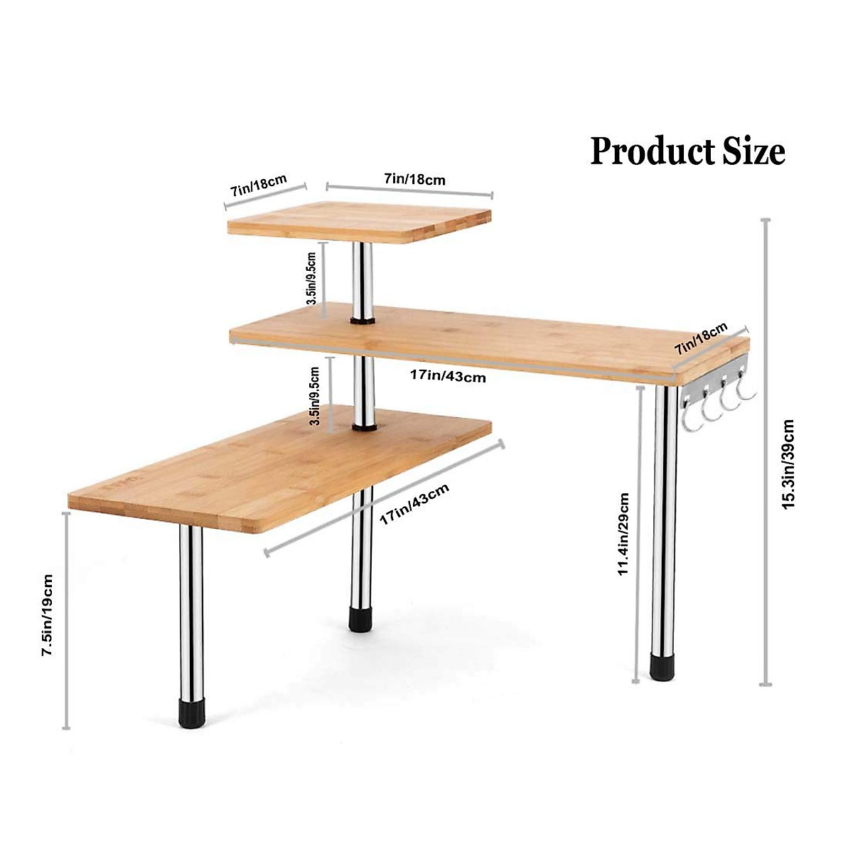 HYNAWIN 3 Tier Corner Shelf Bamboo & Metal Storage Spice Rack-Desk Bookshelf Display Shelves Space Saving Organizer -Adjustable Rack for Kitchen,Bedroom, Office-Creative Home Décor with Hooks