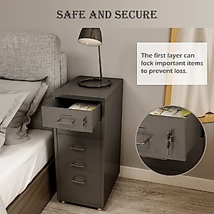 Mobile Storage Cabinet with 5 Drawers, Thickened Metal Storage Cabinet with Casters and Lock, Small Classification Storage Cabinet for Home Office and School, Black…