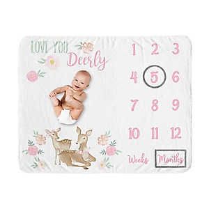 Sweet Jojo Designs Woodland Deer Girl Milestone Blanket Monthly Newborn First Year Growth Mat Baby Shower Memory Keepsake Gift Picture - Blush Pink Mint Green Boho Watercolor Forest Love You Deerly