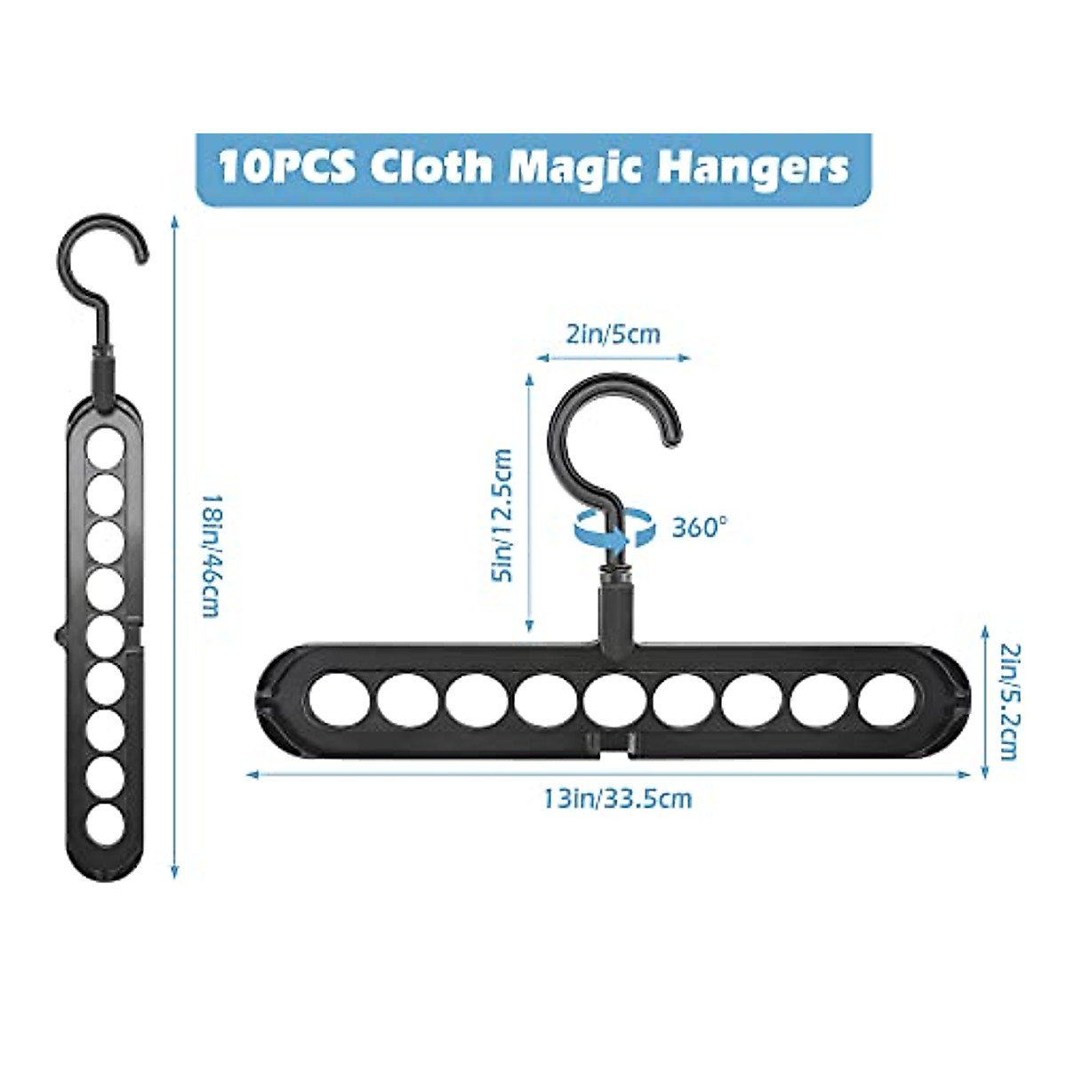 Magic Hangers, 10 Pack Black Hangers, Clothes Hangers, Closet Organizers and Storage, Hangers Space Saving, Non-Slip Hangers, Multifunctional Storage Plastic Hangers with 9 Slots, Dorm Room Essentials