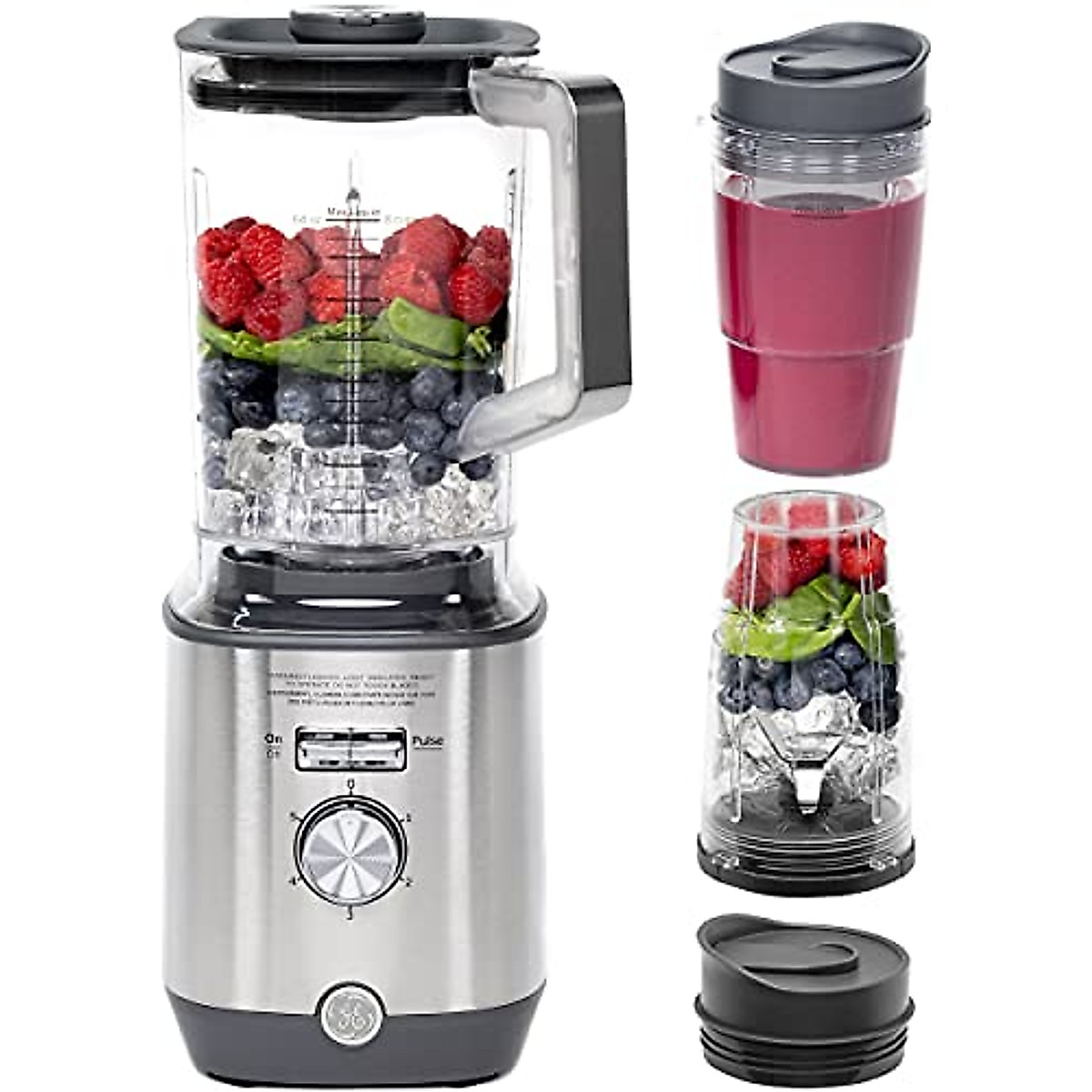 GE 5-Speed Blender + (2) 16 Ounce Blender Cups | Kitchen Essentials Blender for Shakes, Smoothies & More | Large 64 oz Tritan Jar, 8-10 Servings | Stainless Steel Blades & Exterior Finish | 1000 Watts