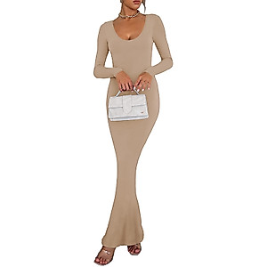REORIA Women's Sexy Casual Scoop Neck Long Sleeve Lounge Long Dress Elegant Fall Wedding Guest Tight Ribbed Bodycon Maxi Dresses Khaki Large