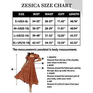 ZESICA Women's 2025 Summer Square Neck Short Puff Sleeve Solid Color High Waist Casual Smocked Flowy A Line Tiered Midi Dress,Rust,Small