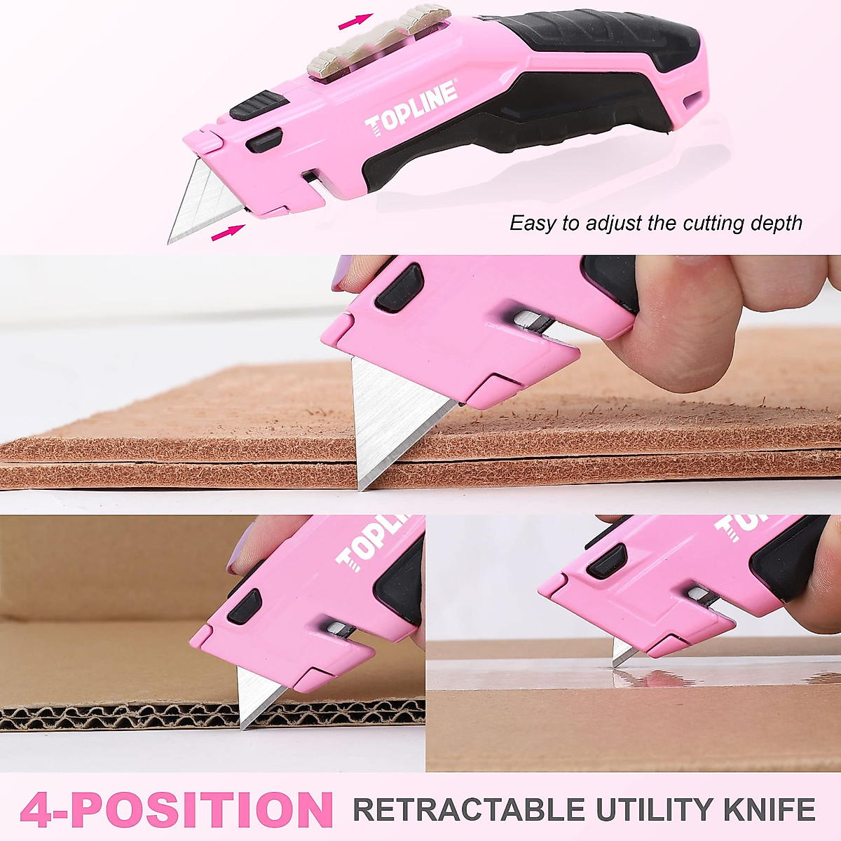 TOPLINE Retractable Pink Utility Knife, Retractable Pink Box Cutter, Blade Storage Design, 18-Piece SK5 Blades and a Dispenser Included (1 PACK(PINK))