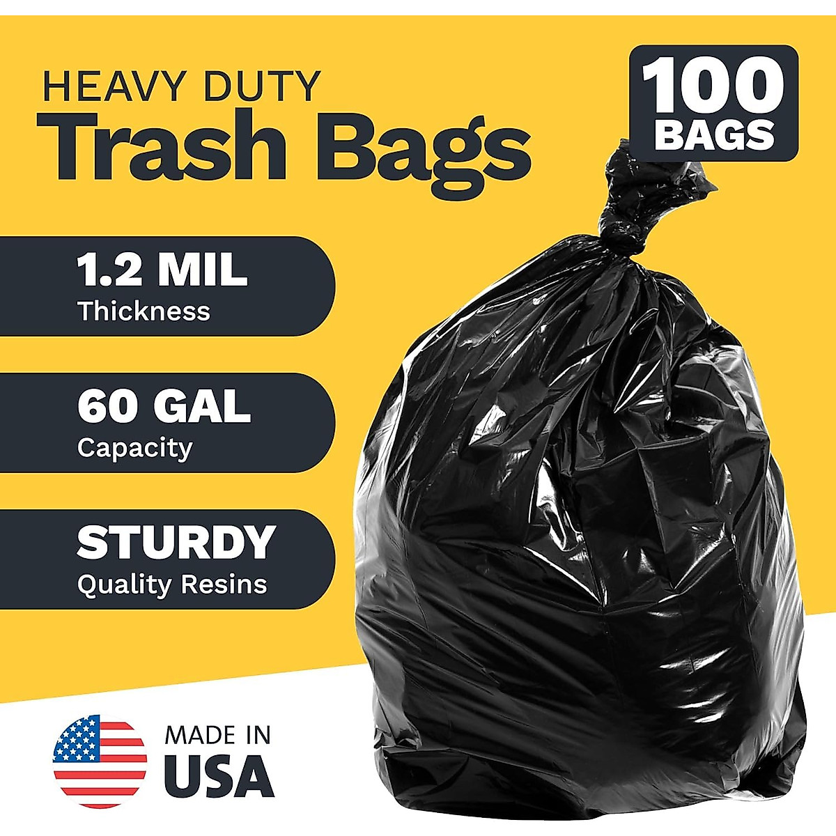ToughBag 55 Gallon Trash Bags Heavy Duty (100 Count) - 50-60 Gallon Black Garbage Bags, Large Trash Bags - 38 x 58" - Made in USA