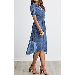 PRETTYGARDEN Summer Floral Midi Dress Puff Sleeve Casual Swing Sun Dress Floral Boho Hawaiian Flowy Long Dress Chiffon Polka Dot Womens Casual Dress Summer(Dark Blue, Large)