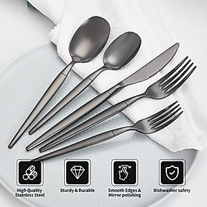Rygten QU 20-piece Black Silverware Set, Unique Design Stainless Steel Flatware Set, Cutlery Set Spoons And Forks Knives Set, Tableware Set Service For 4, Dishwasher Safe