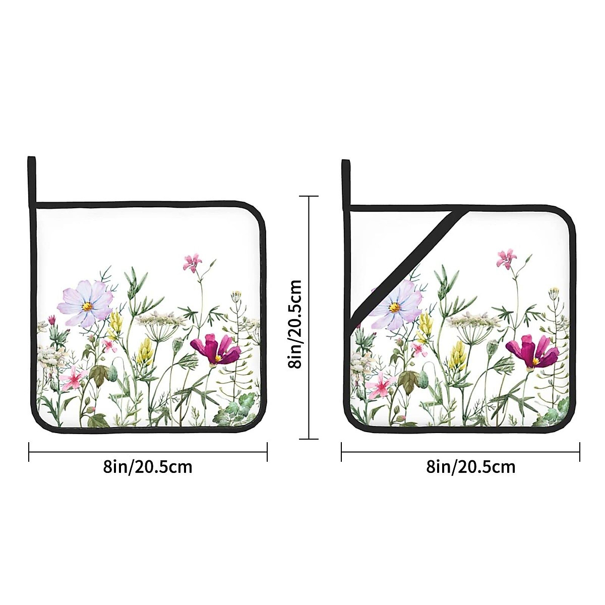 Floral Wildflower Flower Field Pot Holders Set Heat Resistant Non Slip Oven Hot Pads with Hand Pockets and Hanging Loops for Kitchen Baking Cooking,Set of 2