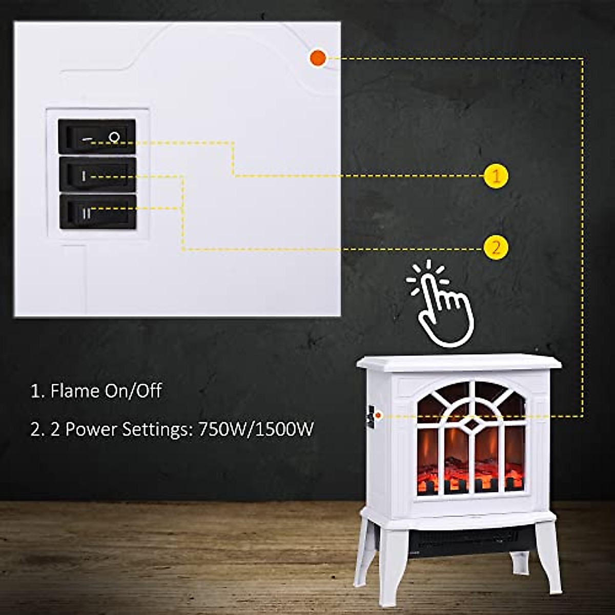 HOMCOM 18" Electric Fireplace Heater, Fireplace Stove with Realistic LED Flames and Logs, Overheating Protection, 750W/1500W, White