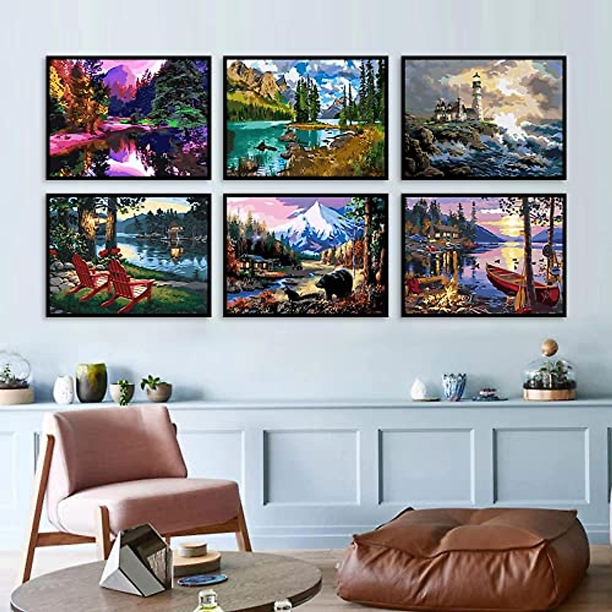 AOSGEDY 6 Pack Paint by Numbers,Paint by Numbers for Adults Kids Beginner, Adult Paint by Number DIY Landscape Oil Painting for Home Wall Decor 12X16 Inch