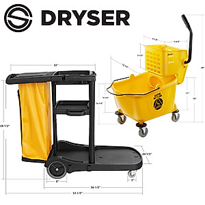 Dryser Commercial Janitorial Cleaning Cart on Wheels with Cover, Shelves and Vinyl Bag & Commercial Mop Bucket with Side Press Wringer, 26 Qt. Yellow
