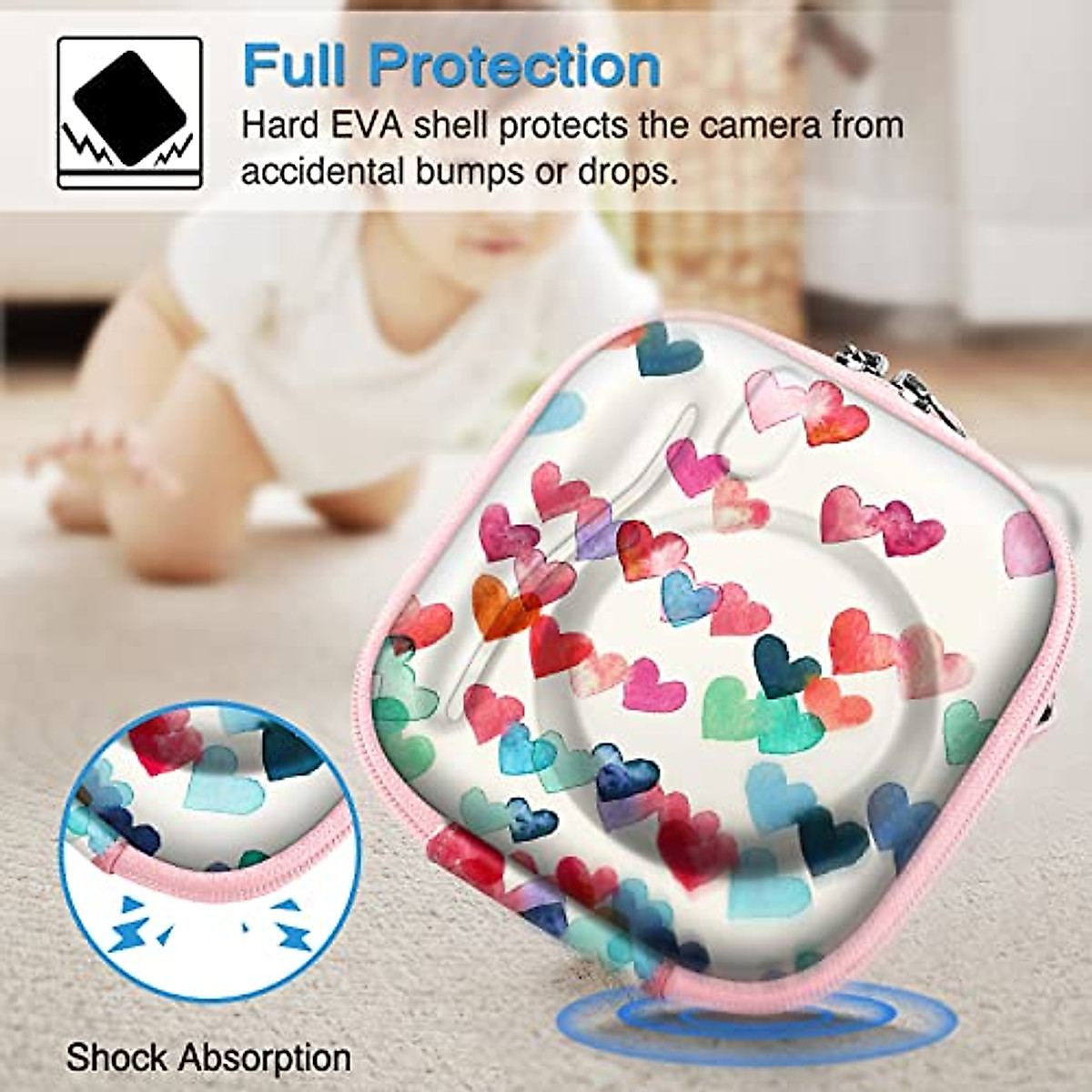 Fintie Protective Case for Fujifilm Instax Mini 12/11/Mini 9/ Mini 8/ Mini 7s/ Mini 90/ Mini 70 Instant Camera - Shockproof Hard Shell Carrying Case with Removable Adjustable Strap, Raining Hearts