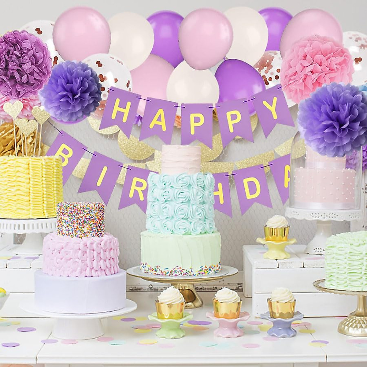 Rishafowg Purple Birthday Decorations for Women, Princess Birthday Party Decorations Pink and Purple Birthday Decorations with Latex Balloons Paper Pom Poms Happy Birthday Banner