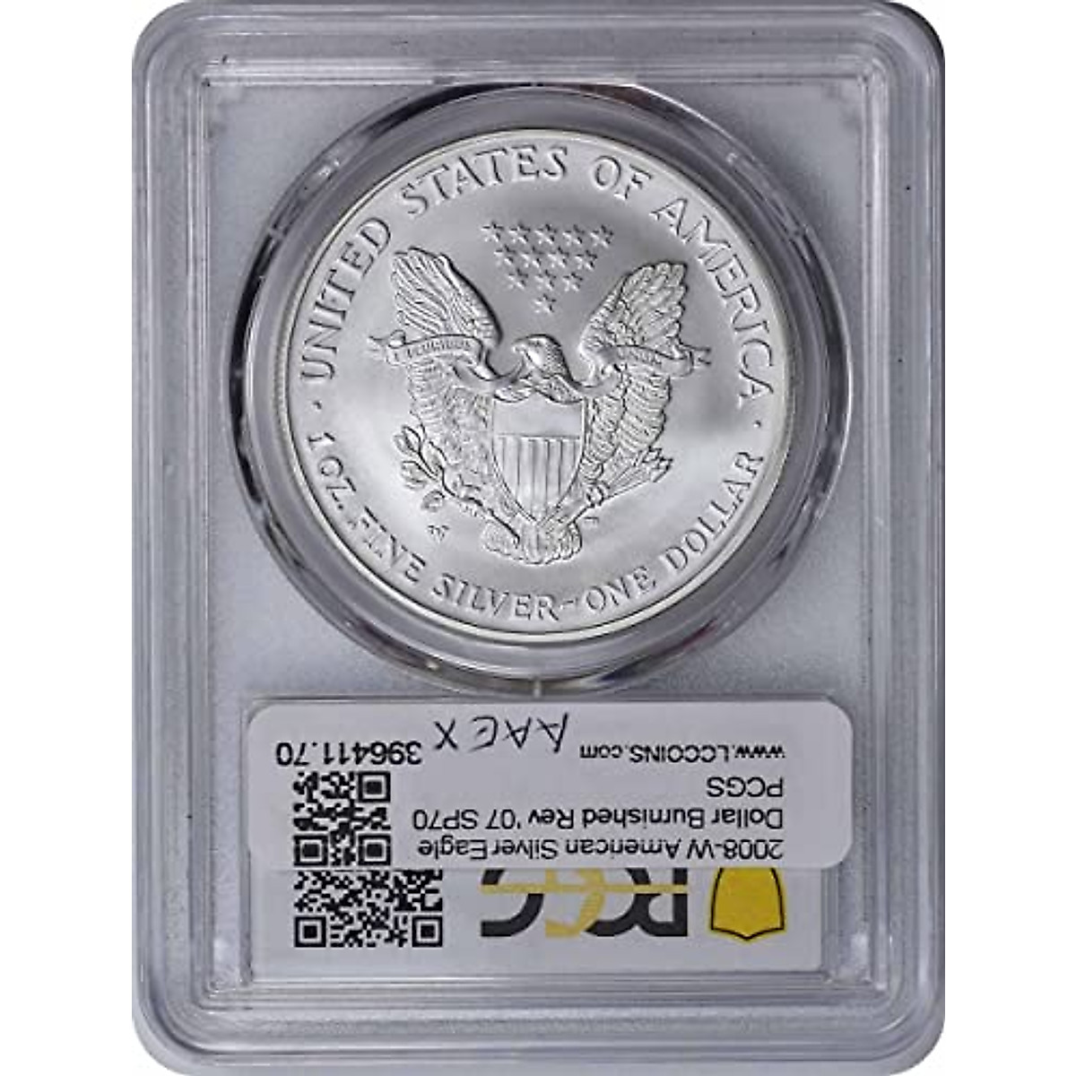 2008 W Burnished American Silver Eagle Reverse of 2007 Dollar SP70 PCGS