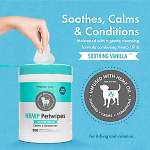 Petkin Hemp Pet Wipes for Dogs and Cats - with Hemp Oil & Soothing Vanilla Scent, 200 Count - Soothes, Calms & Conditions - Wipes for Pet's Face, Eyes and Body - for Home or Travel