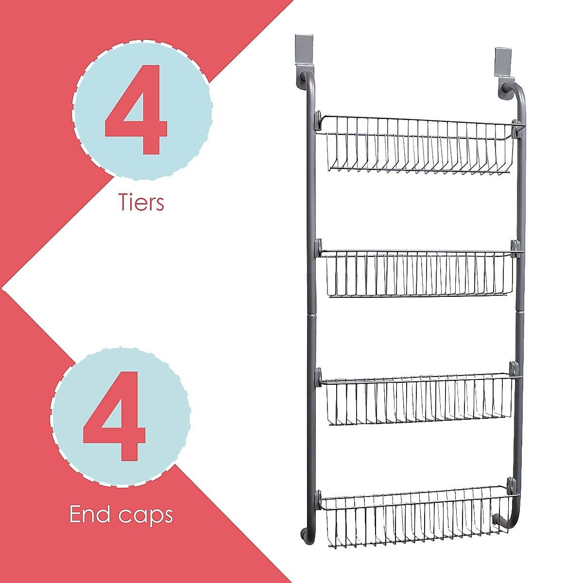 Home Basics Heavy Duty 4 Tier Over the Door Storage Shelf Hanging Cabinet Metal Pantry Rack Organizer Spice Space, Grey