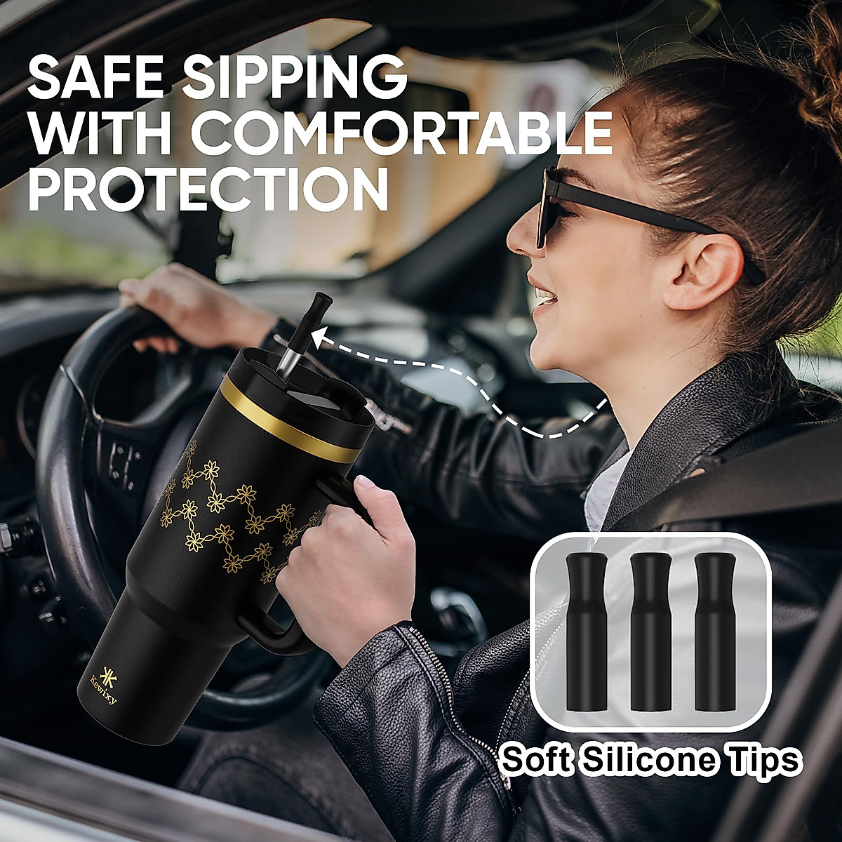 KEWIXY 40 oz Tumbler With Handle and Straw, Gloss Insulated Travel Tumbler, Fits in Cup Holder, Travel Coffee Mug with Lid, Included Leak Proof Straw Cover -Flower Surge