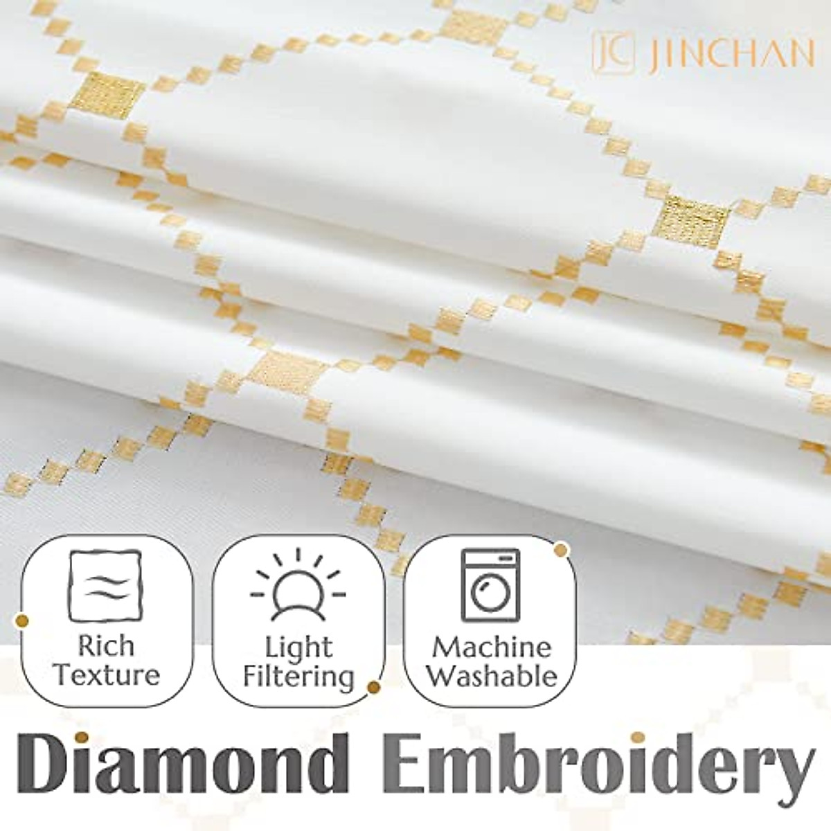 jinchan Tie Up Valance Curtain with Diamond Embroidery 45 Inch Geometric Valance Rod Pocket Adjustable Tie-up Shade Valance Window Treatments for Living Room Kitchen Light Filtering 1 Panel Gold
