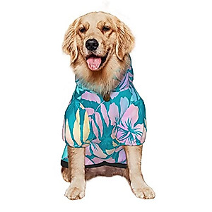 Large Dog Hoodie Turquoise-Blue-Pink-Flowers-Leaves Pet Clothes Sweater with Hat Soft Cat Outfit Coat Small