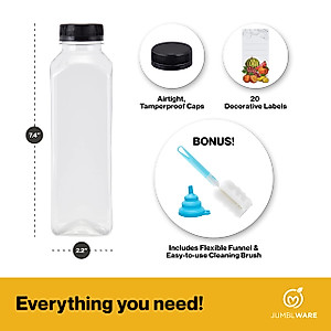 JumblWare Juice Bottles 20 Clear Plastic 16oz Reusable Bottles w/Funnel, Cleaning Brush, & Labels for Work, Gym, Home, & Catered Events Recyclable, Disposable, Shatterproof, BPA-Free Made in USA