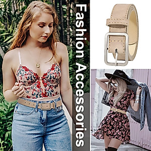 XZQTIVE Women Leather Belt No Pin Circle Buckle Fashion Waist Belt For Jean Dress Beige Square Buckle 105cm