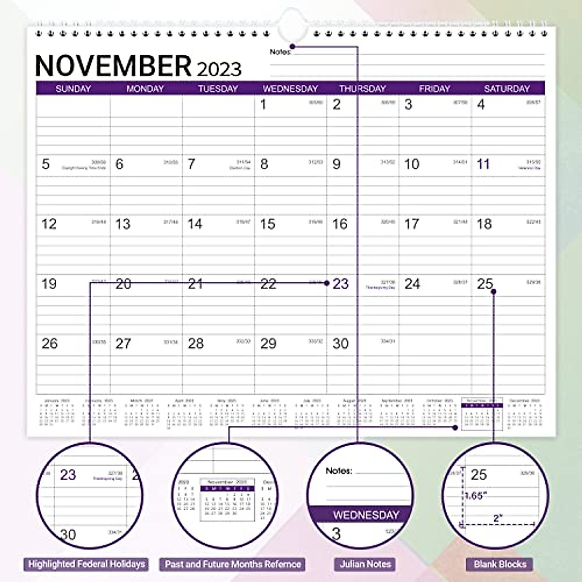 2023-2024 wall calendar - Desk/Wall Calendar 2023-2024, Jul.2023 - Dec.2024, 11-1/2"x14.68", Ruled Blocks, Spiral Bound, Monthly Calendar