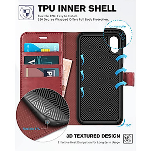 TUCCH Case Wallet for iPhone XR, Kickstand RFID Blocking Credit Card Slot PU Leather Folio Phone Cover with Wireless Charging [Shockproof TPU Shell] Compatible with iPhone XR 6.1, Dark Red