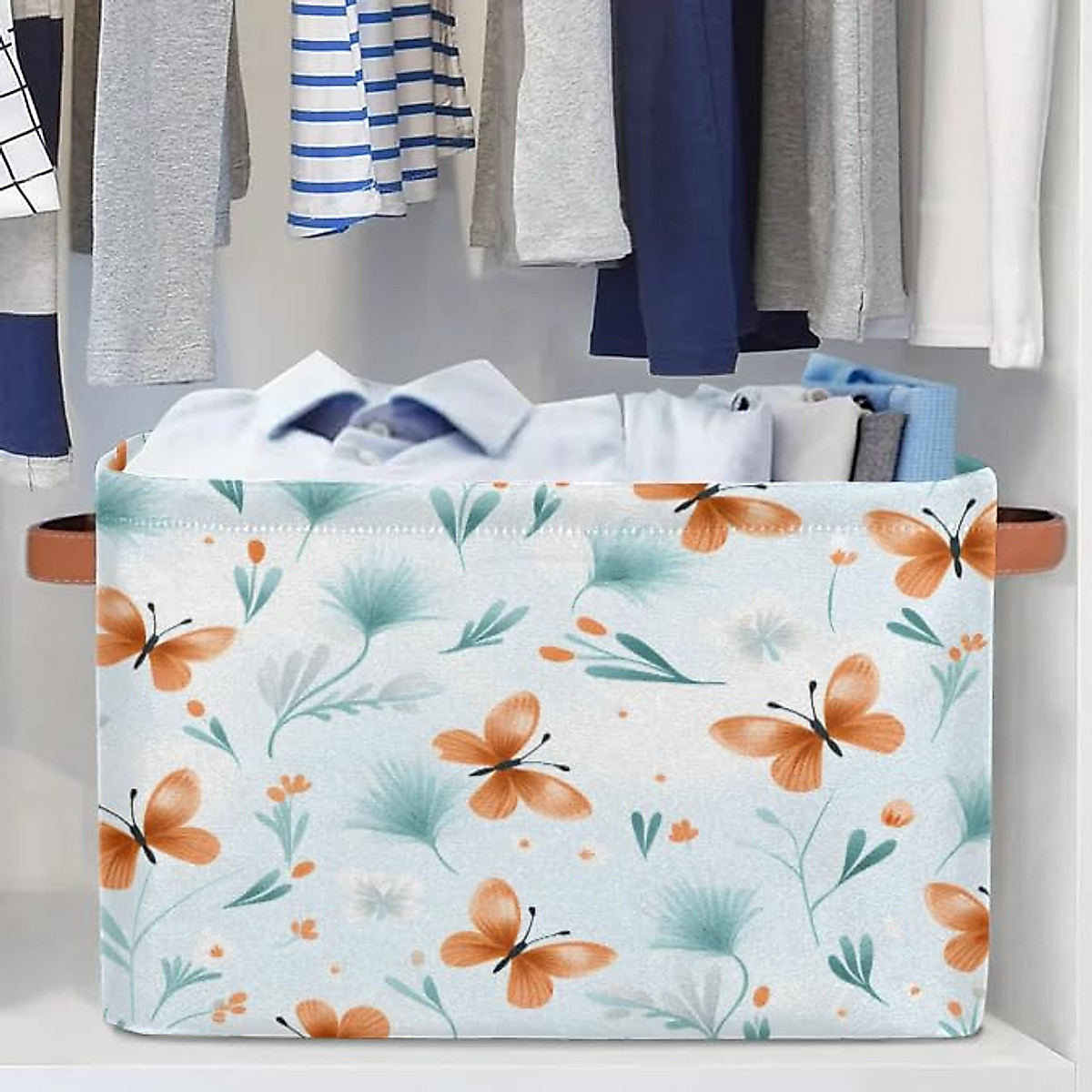 Gumuslen Orange Butterfly Storage Basket Organizer Bin with Handles for Clothes Storage, Gift Bakets, Toy Box, Book Basket for Office Home Rooms Laundry Playroom Dorm