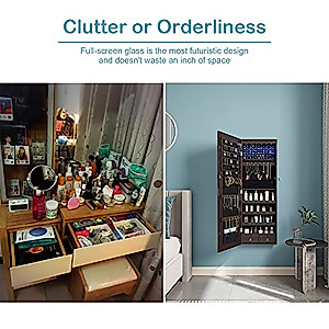 HNEBC Jewelry Organizer with 6 LED Lights, Jewelry Armoire with Mirror, Full Length Mirror Jewelry Cabinet with Jewelry Storage, Wall Mounted/Door Mounted (brown)