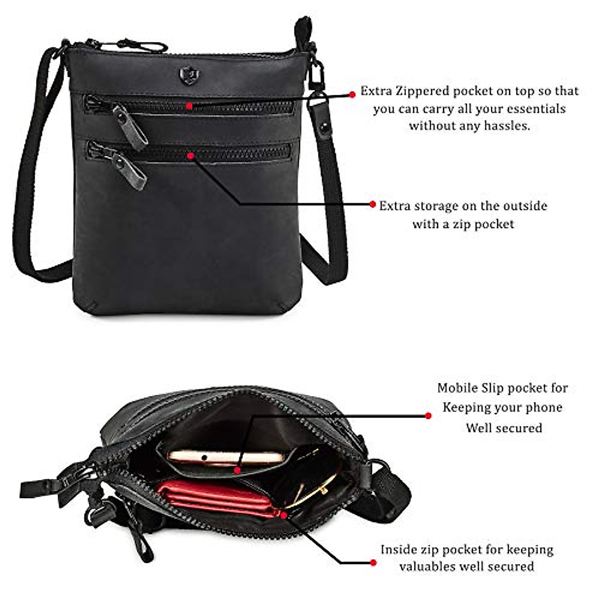 Cochoa Small Triple Zip Real Leather Women's Crossbody- Premium Vintage Crossover Shoulder Sling Bag (8" x 7" x 1.5", Black Crazy Horse)