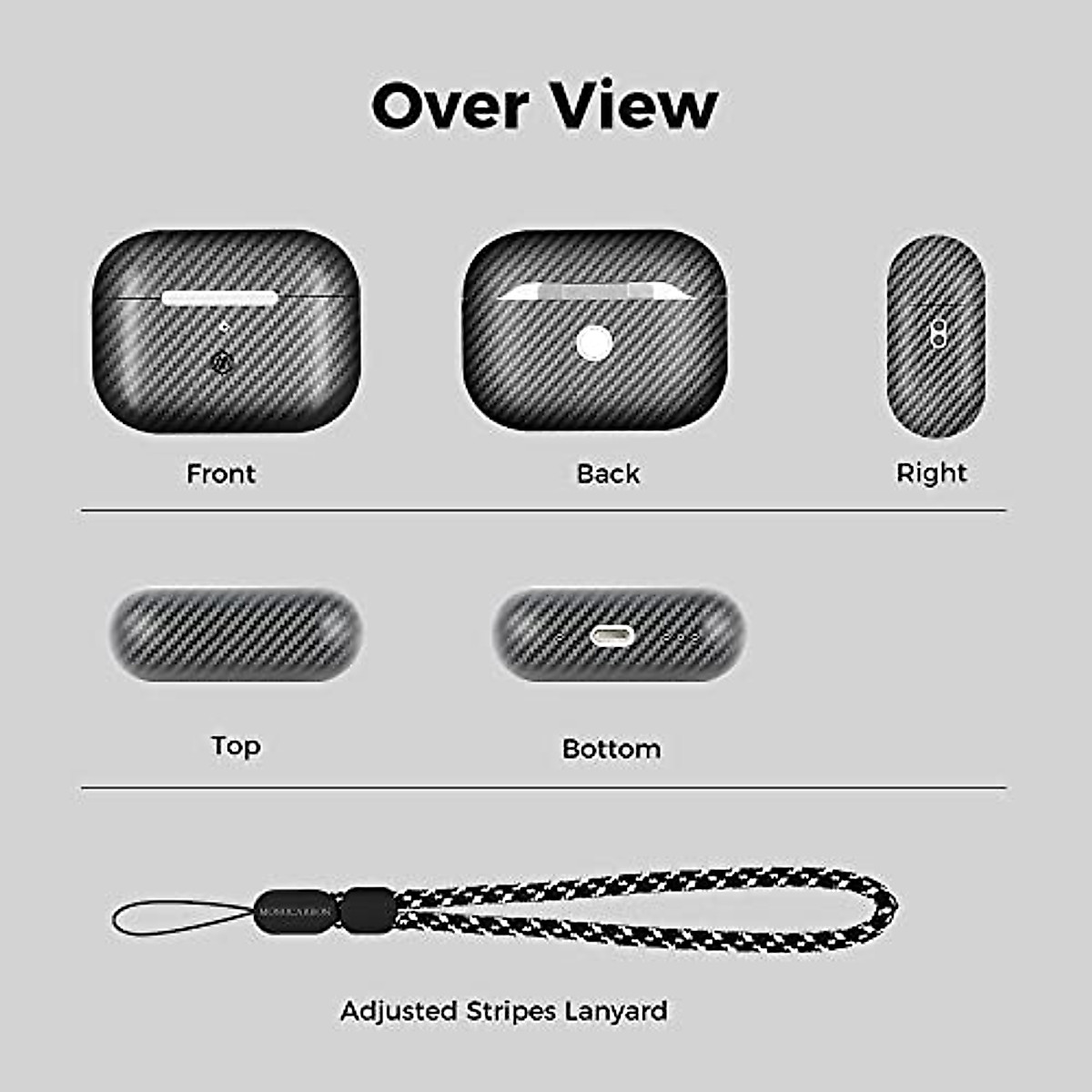 MONOCARBON Real Carbon Fiber Case for AirPods Pro 2nd Generation 2022 with Stripes Lanyard | Slim & Durable Cover for AirPods Pro 2 Accessories | Support Wireless Charging | Shock-Absorbing Protective