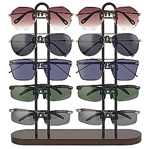 Mkono Sunglasses Organizer for 10 Pairs of Eyewear Glasses Holder Display Stand Sunglass Storage Eyeglasses Rack Double Metal Frames with Wood Base for Table Desk Countertop Dresser Bedroom