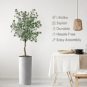 Artificial Tree in White Marble Effect Planter, Fake Eucalyptus Silk Tree for Indoor and Outdoor Home Decoration - 66" Overall Tall (Plant Pot Plus Tree)