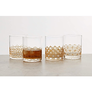 Mikasa Art Deco Set of 4 Double Old Fashioned Whiskey Glasses, 4 Count (Pack of 1), Gold