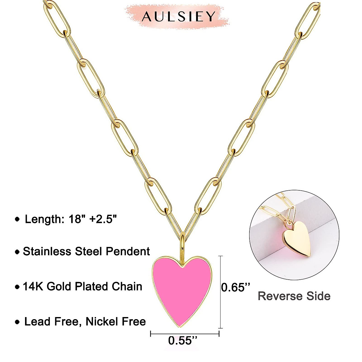 Pink Heart Necklaces For Women Trendy Hot Pink Necklace Preppy Jewelry Necklaces Heart Pendent Necklace Pink Jewelry Outfit For Women Paperclip Chain Necklace Pink Dress Accessories Red Heart Necklace