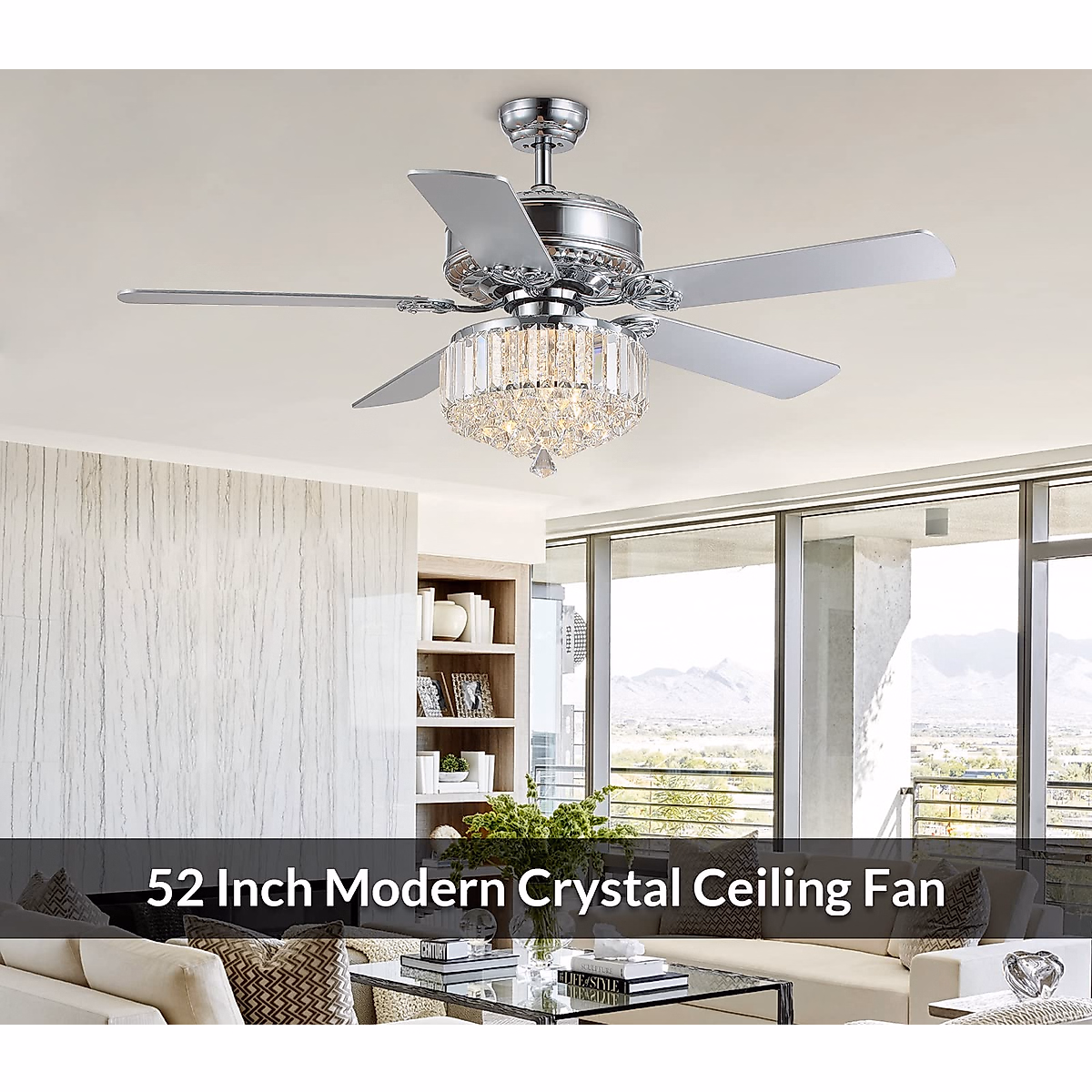 NOXARTE 52 inch Crystal Ceiling Fan with Lights, Modern Chrome Chandelier Ceiling Fan, Quiet Motor, 5 Reverse Wood Blades Crystal Fandelier Ceiling Fan Light Kit for Bedroom Living Dining Room