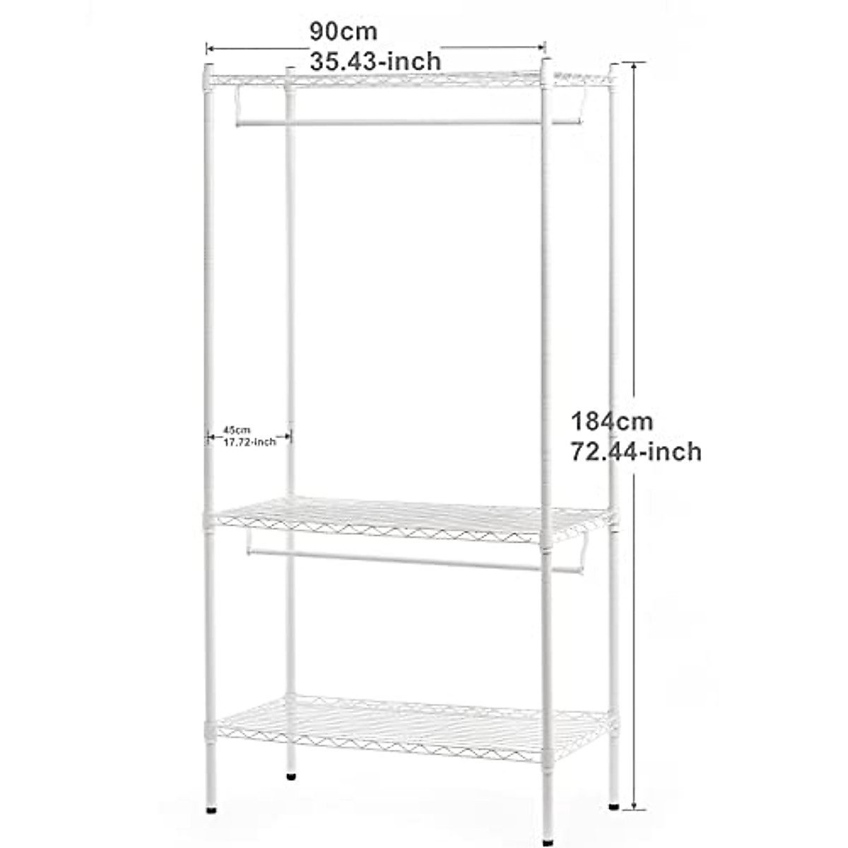 BechUbre 3-Tier Metal Hanging Storage Organizer Rack Wardrobe with Shelves, Extra Wide Clothes Rack Wire Shelving Garment Clothing Rack with Hanging Rods, White