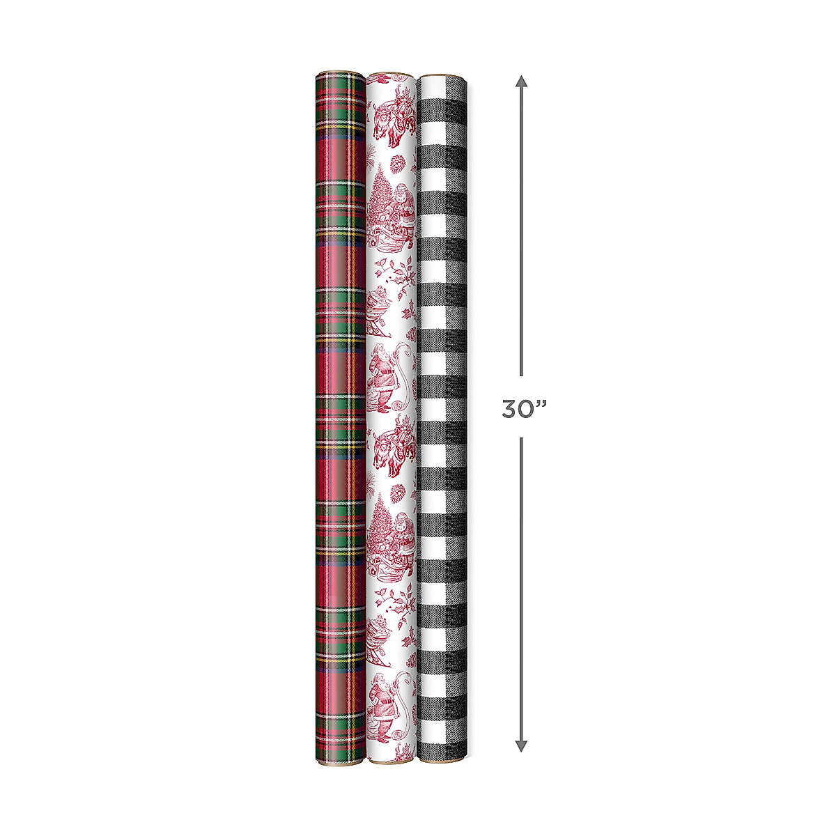 Hallmark Holiday Wrapping Paper with Cutlines and Optional DIY Bow Templates on Reverse (3 Rolls: 120 Sq. Ft. Ttl) Red Toile, Black and White Buffalo Check, Christmas Plaid