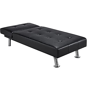 Yaheetech Faux Leather Sofa Bed Sleeper Convertible Futon Sofa Modern Recliner Couch Daybed with Chrome Metal Legs for Living Room Black