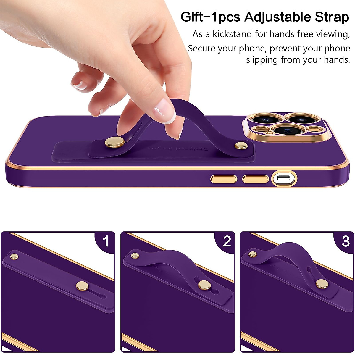 BENTOBEN for iPhone 13 Pro Max Case with Wristband Strap, Slim Luxury Electroplated Bumper Women Men Girl Protective Soft Case Cover for iPhone 13 Pro Max 6.7 inch,Deep Purple/Gold