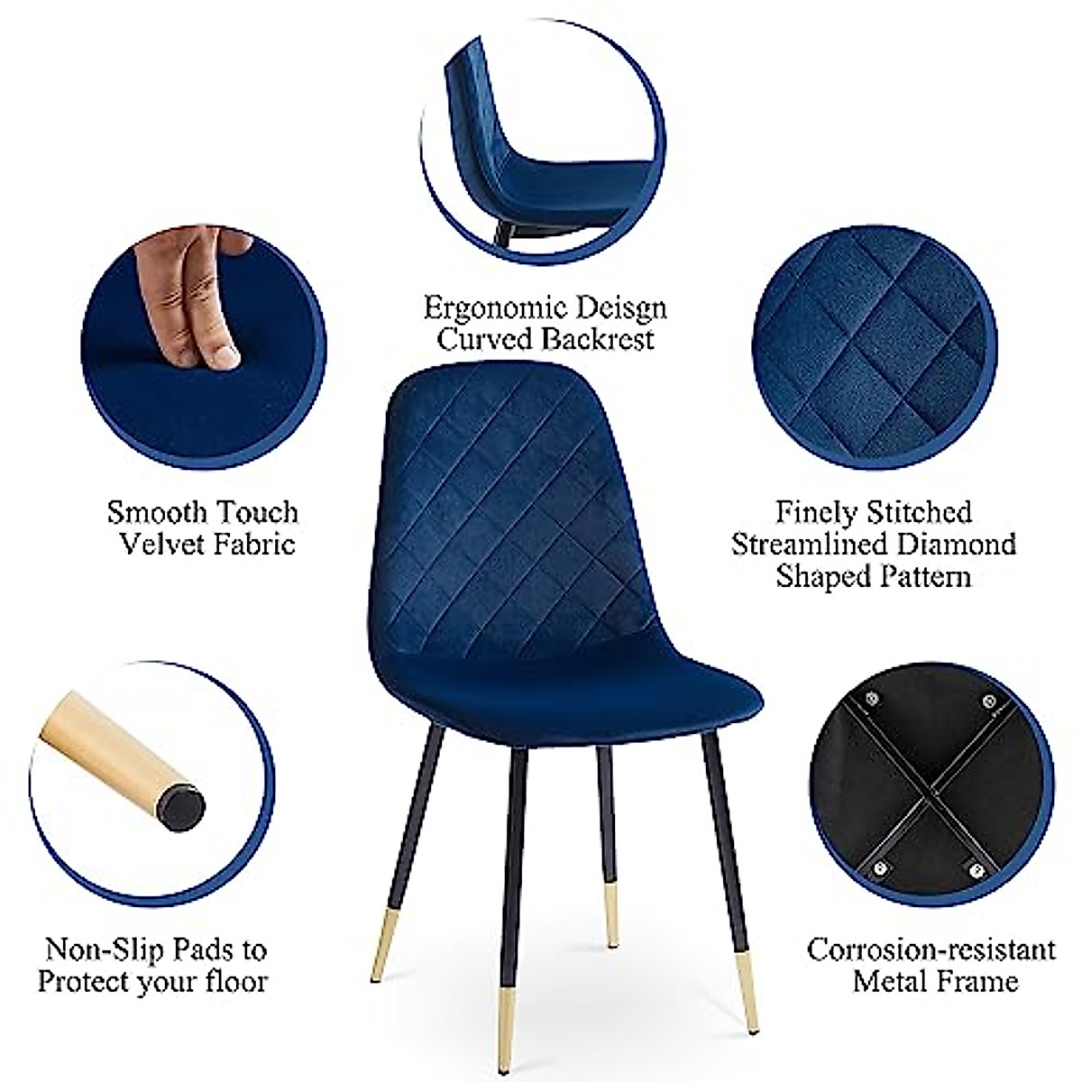 NORDICANA 5-Piece Dining Table Set, 47 in Modern Rectangle Kitchen Table & 4 Navy Velvet Upholstery Side Chairs, Metal Legs, Dining Room Set for 4