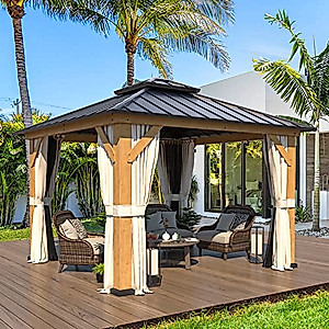 RICHRYCE 11' x 11' Solid Wood Gazebo, Hardtop Gazebo Plastic Sprayed Metal Roof Outdoor Gazebo Canopy Double Vented Roof Pergolas Wood Frame with Netting and Curtains for Garden, Patio, Lawns, Parties