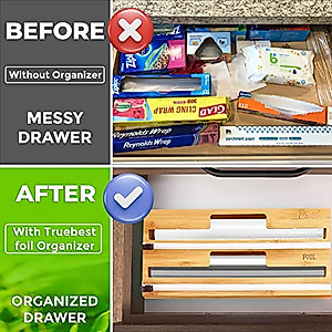 TrueBest 2 in 1 Foil and Wrap Organizer with Cutter and Labels, Compatible with 12" Roll Wrap neat Aluminum Foil and Wax Bamboo Dispenser for Kitchen drawer with 2 Slots, Mounting Screws.